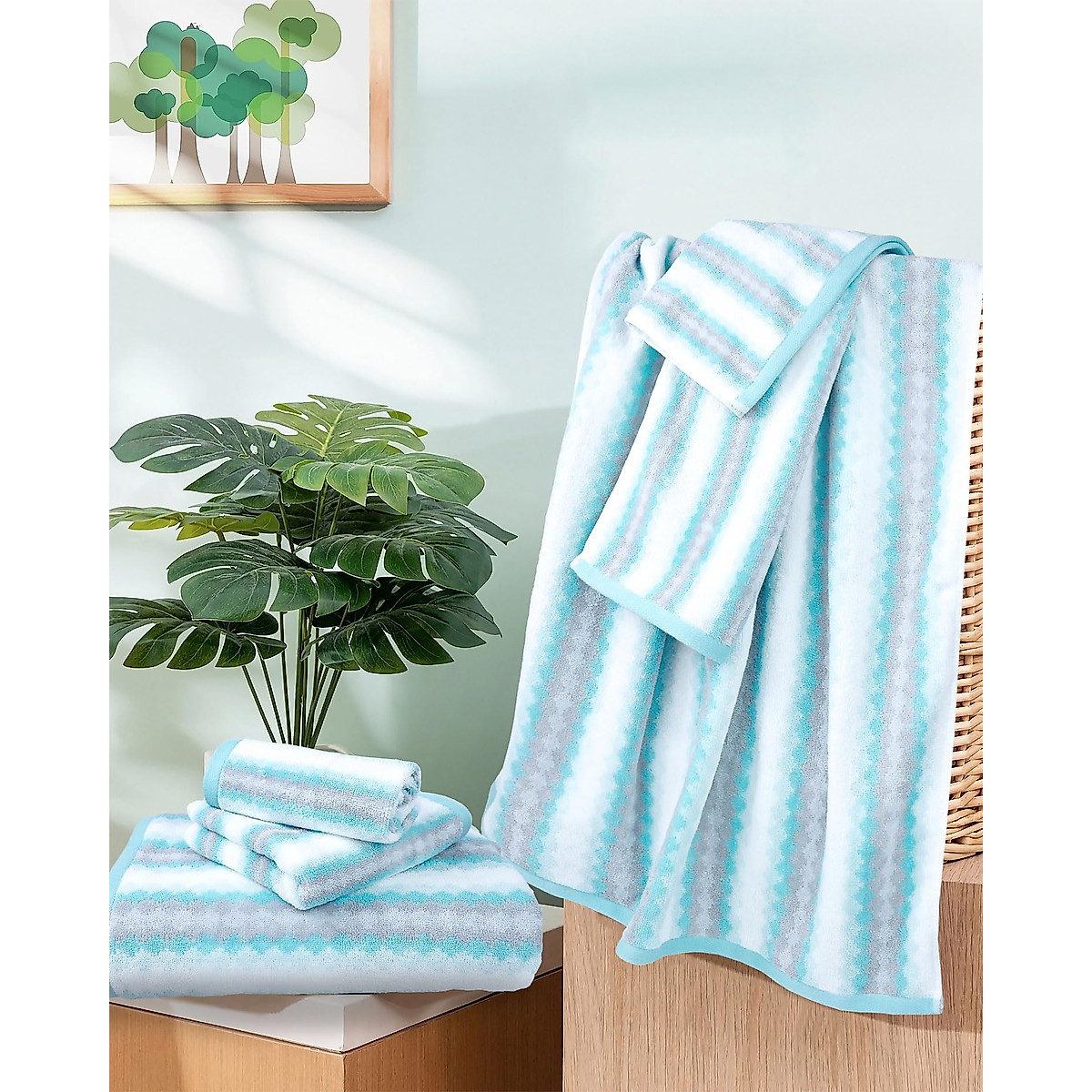 Jacquotha 6 Pack Cute Bath Towel Set Aqua Striped Pattern - Extra Soft, Lightweight, Quick Drying Towels for Bathroom Gym Spa Pool, Decrative Towels for Gifts