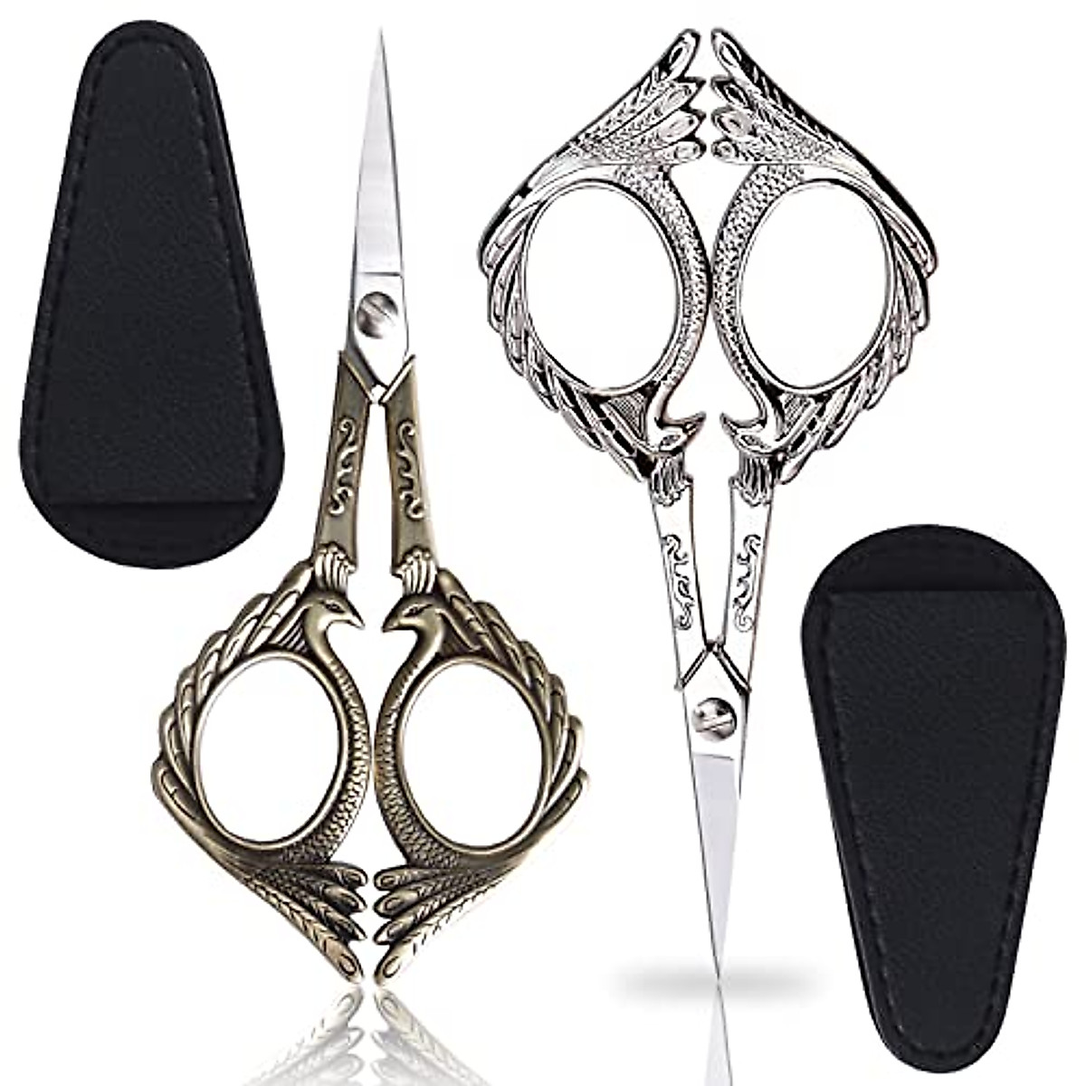 KISTARCH 2pcs Embroidery Scissors,5" Sewing Scissors Small Sharp Craft Scissors with Leather Sheath for Fabric Needlework Crochet Threading Tool, Artwork,Thread Snips, Silver-Bronze Peacock Style
