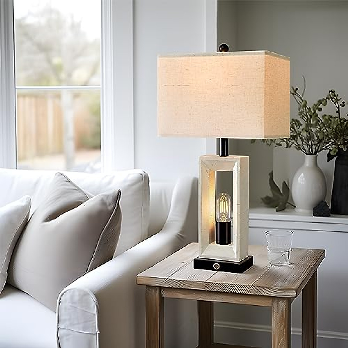 G-SAFAVA 25" Farmhouse White Table Lamp USB C+A Ports with 3 Way Dimmable Touch Control Nightstand Lamp Vintage Modern Lamps for Living Room Bedroom Hotel(4 Bulbs Included)