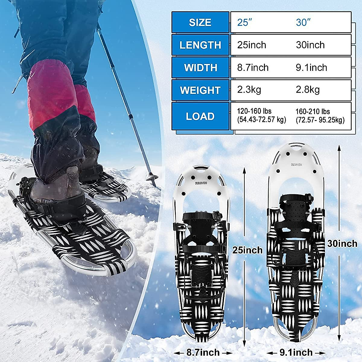 RESVIN 25/30 Inches Snow Shoes for Men Women Youth, Lightweight Aluminum Terrain Snowshoes with Special EVA Padded Ratchet Binding and Carrying Tote Bag