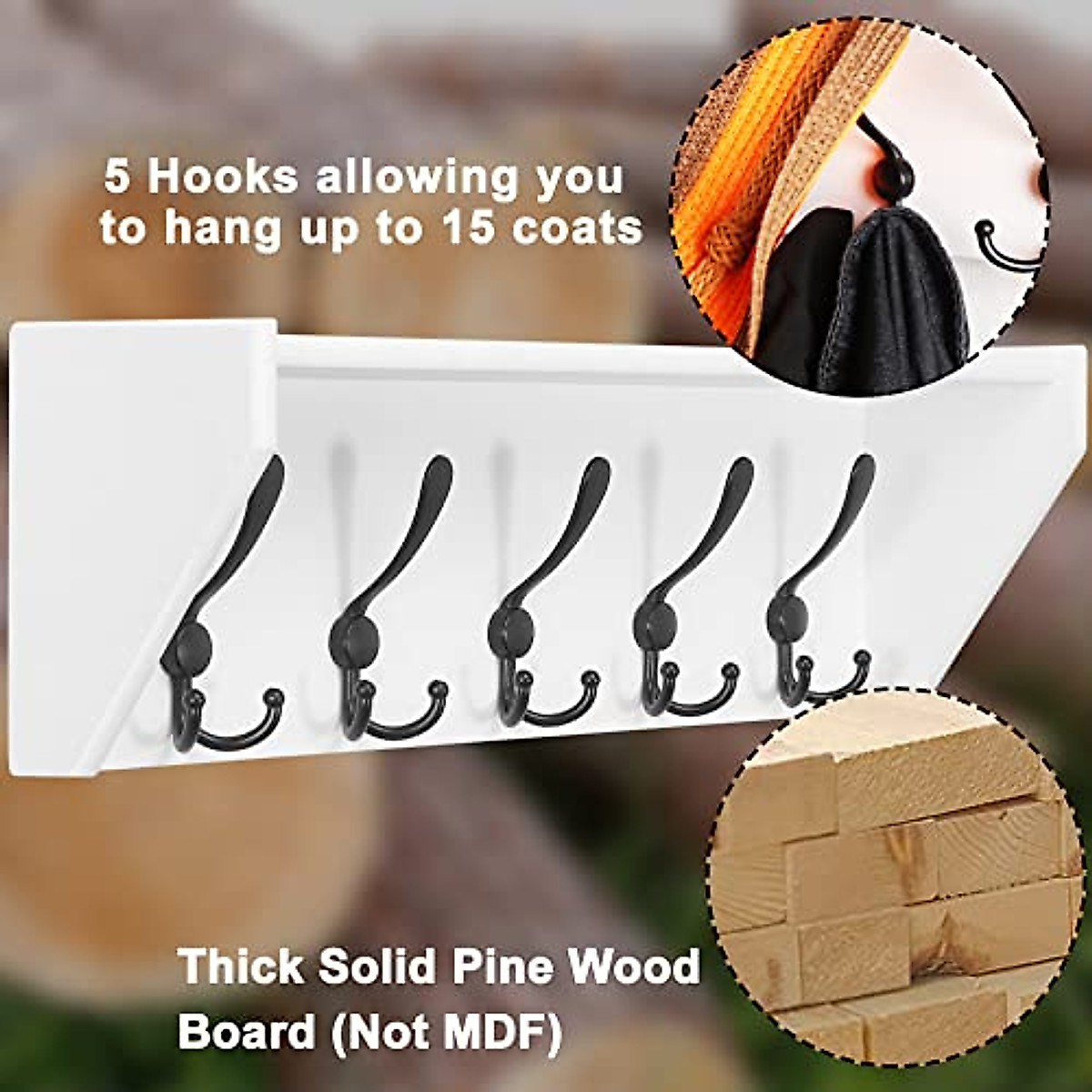 Dseap Wall Shelf with 5 Tri Hooks, 24" Heavy Duty Coat Rack Wall Mount with Shelf, Shelf with Hooks Underneath for Entryway, Mudroom, Kitchen, Bathroom, White & Black,D02ZT24WHT1