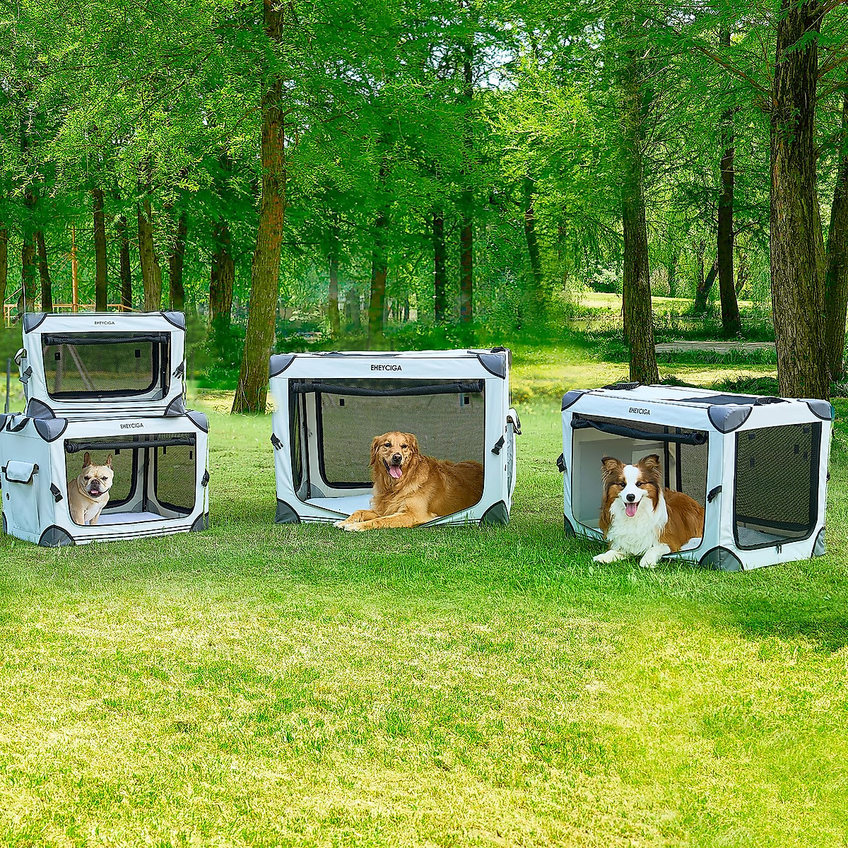 EHEYCIGA Portable Dog Travel Crate 42 Inches, Collapsible Dog Crate for Extra Large Dogs, Soft Foldable Dog Kennel with 4-Door Mesh Windows Indoor & Outside, Grey