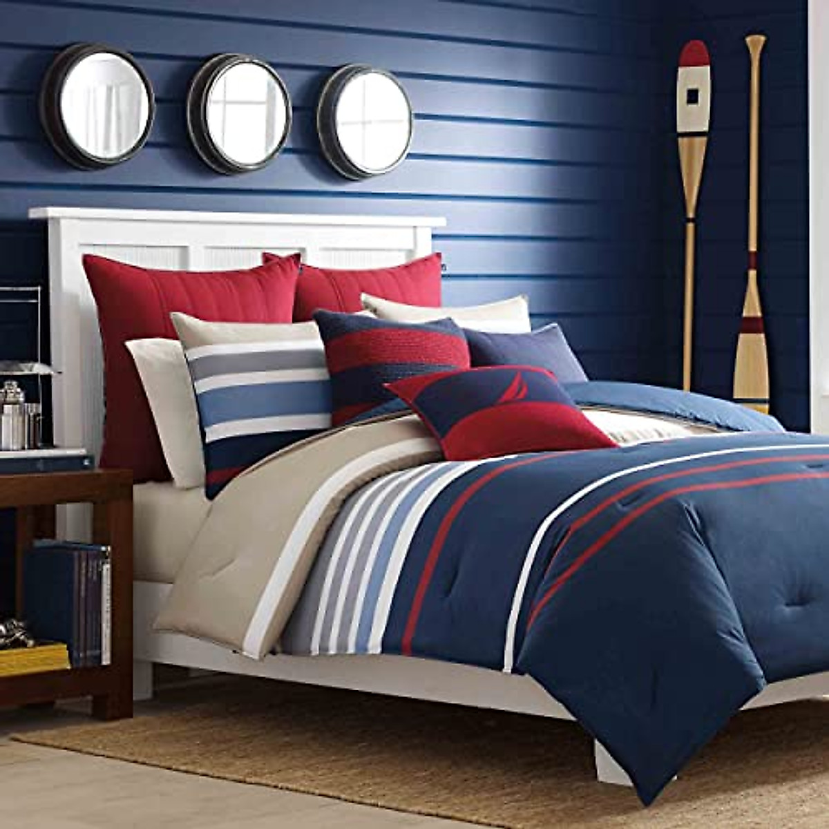 Nautica - Queen Comforter Set, Cotton Reversible Bedding with Matching Shams, Stylish Home Decor (Bradford Navy/Kahki, Queen)