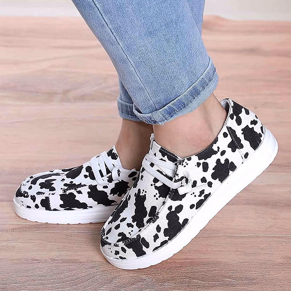 LELEBEAR Cow Print Shoes, Cow Print Shoes for Women, Flat Lace-Up Slip On Women Comfortable Print Sneakers (Cow Print Shoes, 9.5 US)