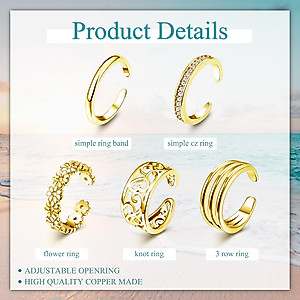 FUNRUN JEWELRY 5PCS Adjustable Toe Ring for Women Open Tail Ring Band Hawaiian Foot Jewelry Gold Tone