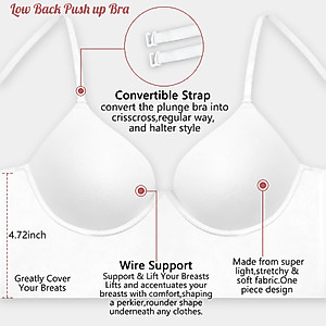 ForBaysy Low Back Bras for Women Push Up Deep V Neck Backless Bra,Low Cut Multiway Convertible Bra Wire Lifting Bralette White