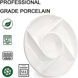 DEAYOU 3 Pack Ceramic Chip and Dip Serving Tray, Porcelain Divided Serving Plate, 10" Decorative Sectional Platter, 5-Compartment Stoneware Appetizer Fruit Dish for Party, Veggie, Snack, Entertain