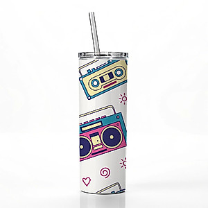 80's Eighties Theme Style Skinny Tumbler 20oz with Straw Insulated Water Bottle Gift