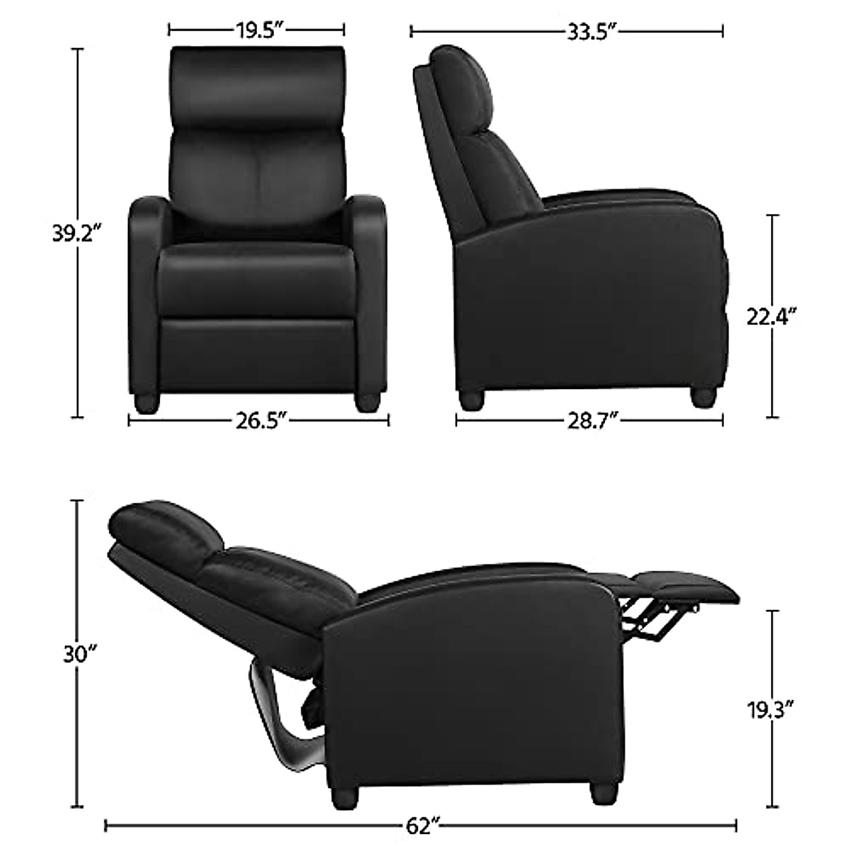 Yaheetech 2-Seat Reclining Chair Leather Recliner Sofa Modern Chaise Couch Lounger Sofa for Living Room Home Theater Black