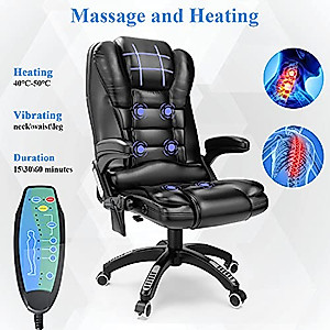 Ergonomic Massage Office Chair with Heated, Faux Leather High Back Executive 6 Pointed Vibrating Computer Gaming Chair with Lumbar Support, Adjustable Back Recline Swivel 360° Desk Chair, Black