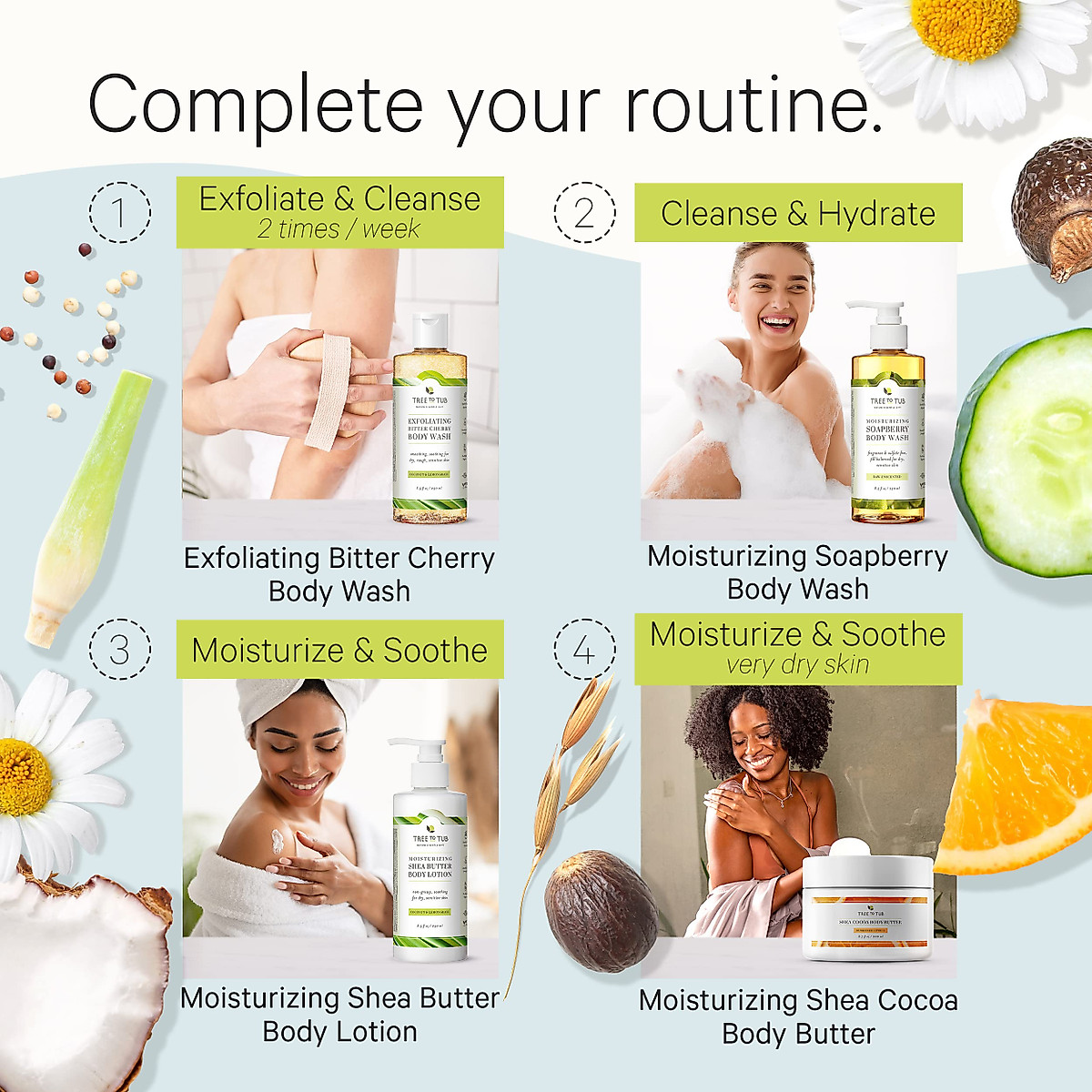 Tree to Tub Bitter Cherry Coconut Exfoliating Body Wash - Gentle Exfoliating Body Scrub for Sensitive Skin - Skin Exfoliator for Body for Women & Men w/Natural Soapberry, Natural Cherry, Organic Rice