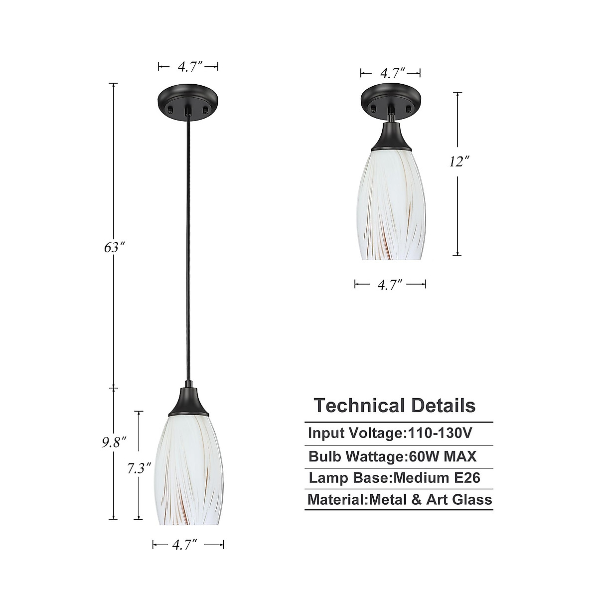 karyfine Mini Glass Pendant Light Kitchen Island Oval Ceiling Hanging lamp Shade with Black Matte finish1pack Milk Blown Glas Pendant Lighting Adjustable Cord for Hallway dining room Bathroom