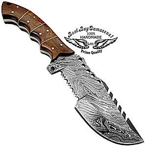Best.Buy.Damascus1 Rose Wood 9.5'' Fixed Blade Custom Handmade Damascus Steel Tracker Hunting Knife Brass Pins Spacers Unique Beautiful File Work On Handel Come With Leather Sheath Prime Quality