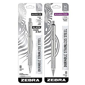 Zebra F-701/M-701 Pen & 0.7 mm Pencil Set, Stainless Steel with Knurled Grip