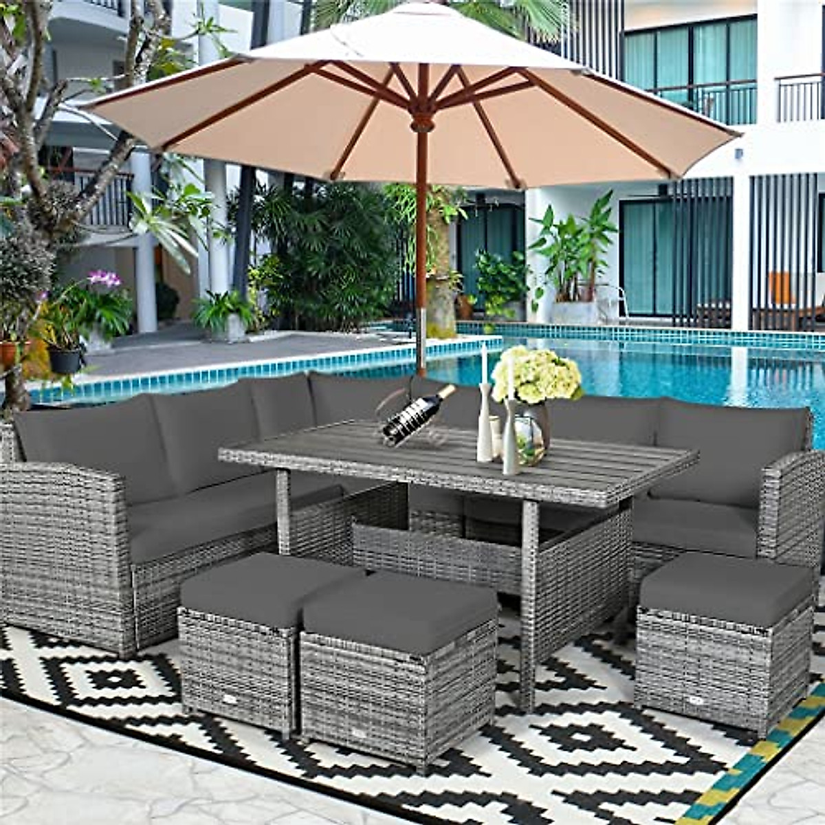 NICEDAYFY 7 PCS Patio Rattan Dining Set Sectional Sofa Couch Ottoman Garden Gray for Yard, Patio, Poolside, Porch, Etc