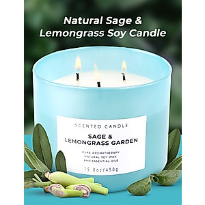 Sage Lemongrass Garden Scented Candle | Refreshing Lemongrass Candle for House Cleansing | Natural 3 Wick Soy Candle 15.8 oz | Aromatherapy Relaxing Candle for Women & Men | Clean Burn Scented Candle