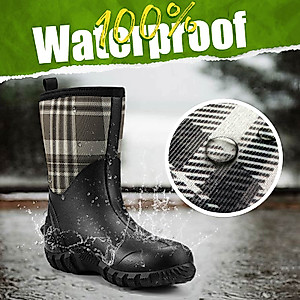TIDEWE Rubber Boots for Women, 5.5mm Neoprene Insulated Rain Boots with Steel Shank, Waterproof Mid Calf Hunting Boots, Sturdy Rubber Work Boots for Farming Gardening Fishing (Plaid Size 8)