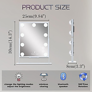 MISAVANITY Hollywood Vanity Mirror with Wireless Charging and Speaker 9.84" x11.81" Lighted Makeup Vanity Mirror with 9 Bulbs 360 Rotation 10X Magnification 3 Color Lighting Modes Mirror, White