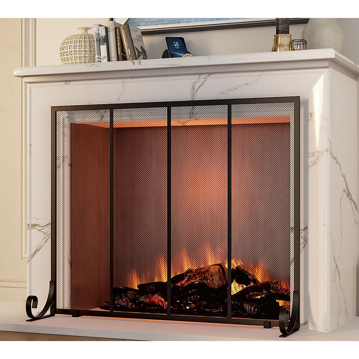 Fire Beauty Flat Panel Fireplace Screen Spark Guard Wrought Metal Gate Cover for Home, Decorative Mesh Fire Place Safety Fence,Baby Safe Spark Guard Protector