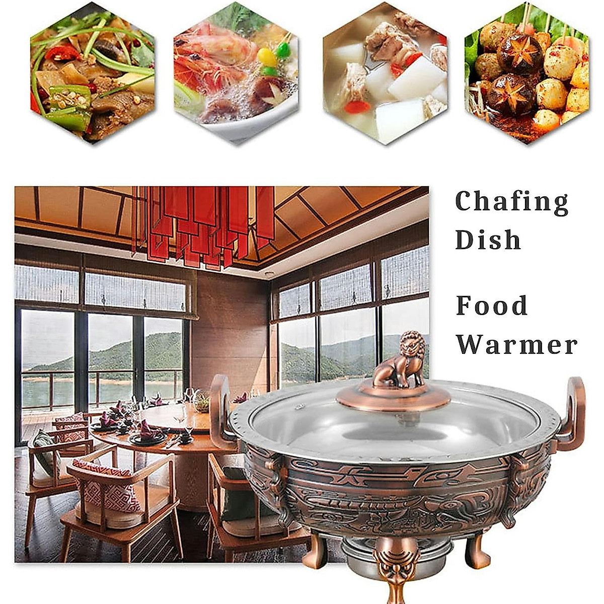 FLTRGO Red Bronze Chafing Dish, Round Buffet Server Trays with Glass Lids and Alcohol Furnace, for Kitchen Buffet Dining Party Wedding Banquet