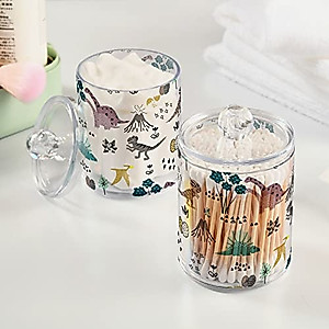 DOMIKING Colored Dinosaur 2 Pack Cotton Swab Holder Dispenser Plastic Jar Bathroom Storage Canister Acrylic Containers for Cotton Ball Floss Picks Hair Clips