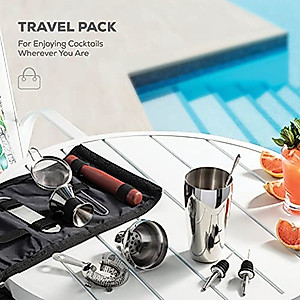 10-Piece Cocktail Shaker Set With Travel Bag - Stainless Steel Cocktail Shaker Set Bartender Kit - Mixology Bartender Kit - Strainer, Muddler, Jigger, Bar Spoon, Bottle Opener, Pour Spouts - Bar Set