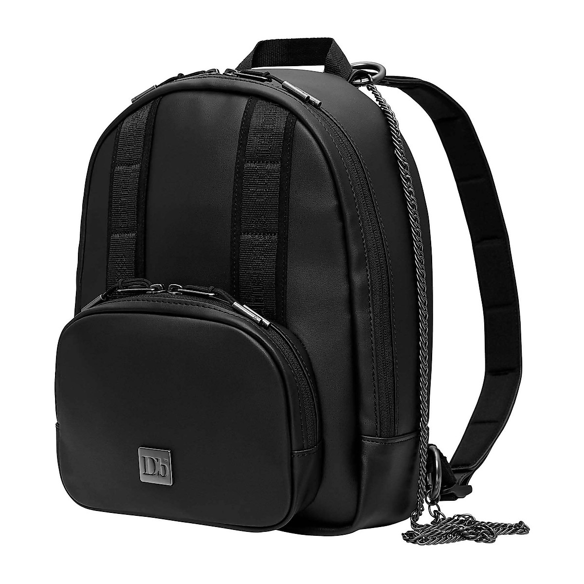 Db the Petite Mini Vegan Leather Backpack Bag with Premium Metal Zips and Detachable Shoulder Chain, Black Out