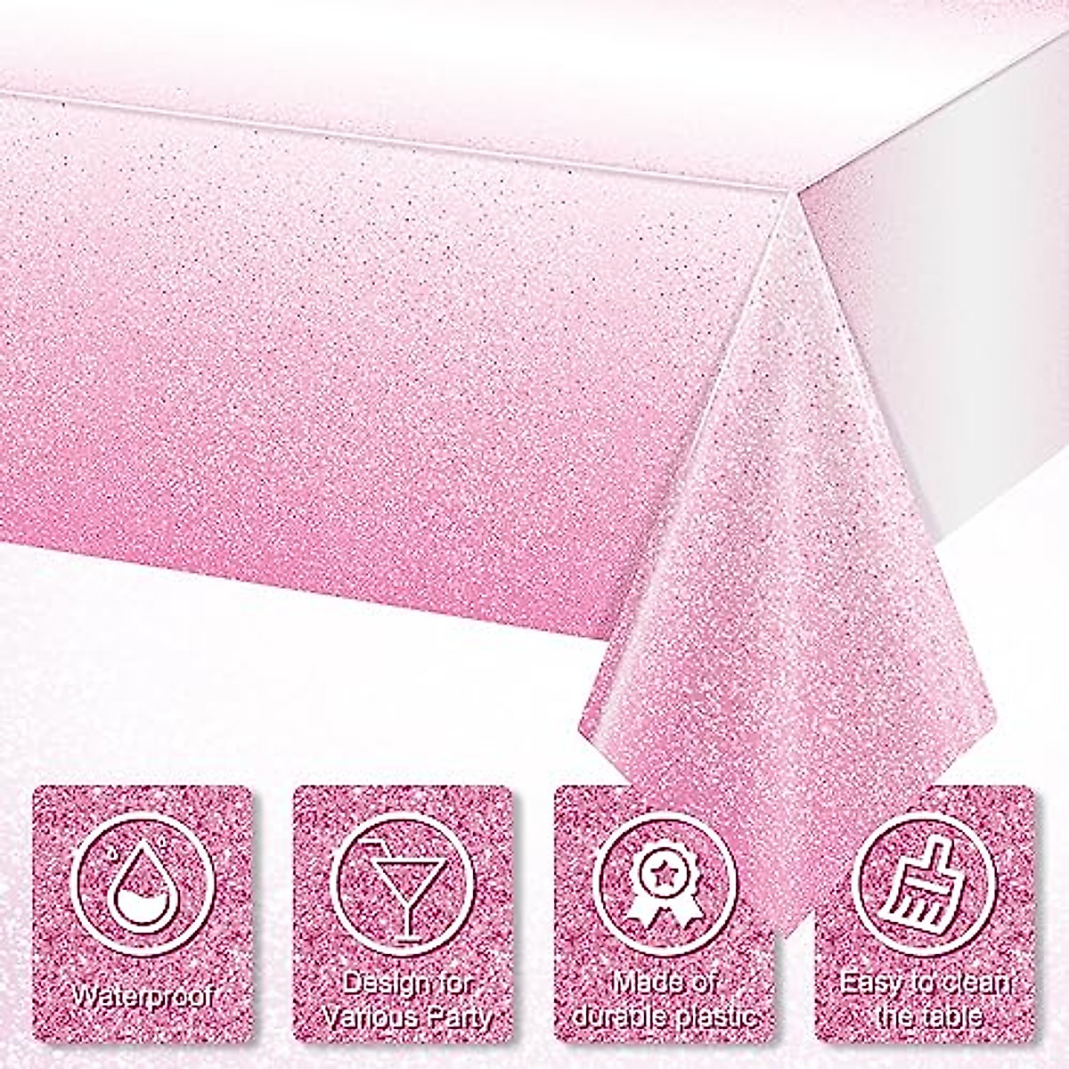 3 Pack Ombre Pink Plastic Tablecloth for Parties, Gradient Pastel Pink Glitter Disposable Tablecloths for Rectangle Tables, Light Pink Sprinkle Table Cover for Wedding Birthday Anniversary, 54x108Inch