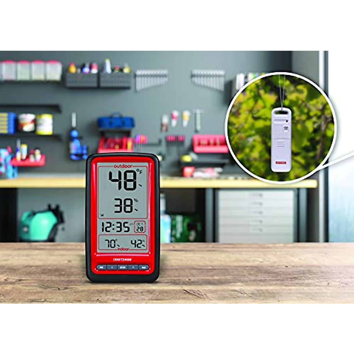 Craftsman Wireless Easy to Read Thermometer with Indoor and Outdoor Temperature & Humidity with Trend Arrows and Daily Date and Time (CMXWDCR01137), Red