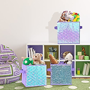 6 Pcs Foldable Sequin Storage Basket Bin 10 Inch Large Fabric Storage Cubes Storage Bin Closet Bins Nursery Bins Shelf Baskets Kids Toys Organizer Boxes for Nursery Home Bedroom Drawer (Purple)