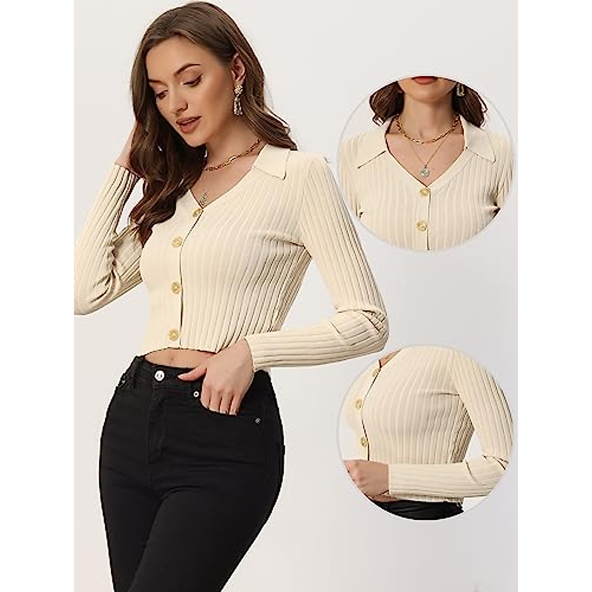 Allegra K V Neck Crop Knit Sweater Tops for Women's Ribbed Casual Long Sleeve Solid Top Medium Beige