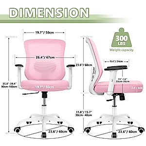 Winrise Office Chair Ergonomic Desk Chairs with Lumbar Support and Flip-up Arms, Comfortable Breathable Mesh Computer Executive Chair with Swivel Task, Adjustable Height 4'', Home, Bedroom -Pink
