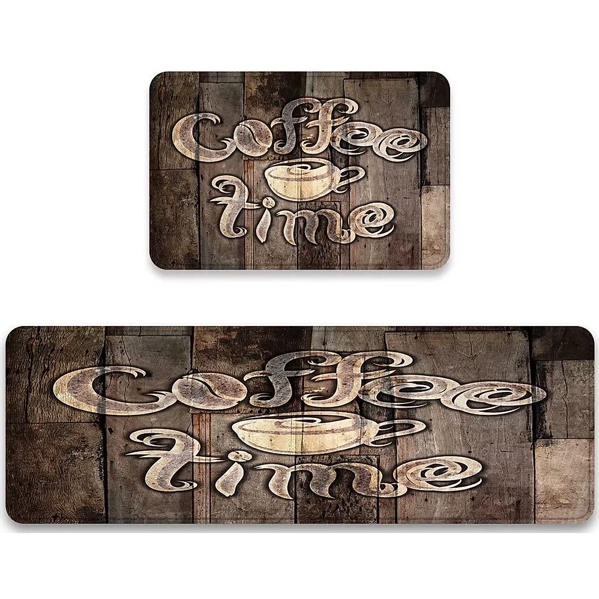 Kitchen Rugs Sets 2 Piece Floor Mats Grunge Lettering Modern Coffee Time and Coffee Cup Retro Wood Durable Doormat Farmhouse Area Rugs Washable Runner Carpet Set Non Slip Vintage Kitchen Rug and Mats