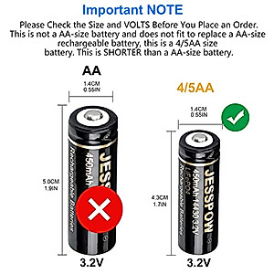 JESSPOW 14430 3.2 Volt Rechargeable Solar Battery with Charger, Rechargeable LiFePo4 Batteries [ 450mAh 3.2V 8Pack ] for Outdoor Garden Light, Solar Panel Light, Shaver, Flashlight (NOT AA Battery)