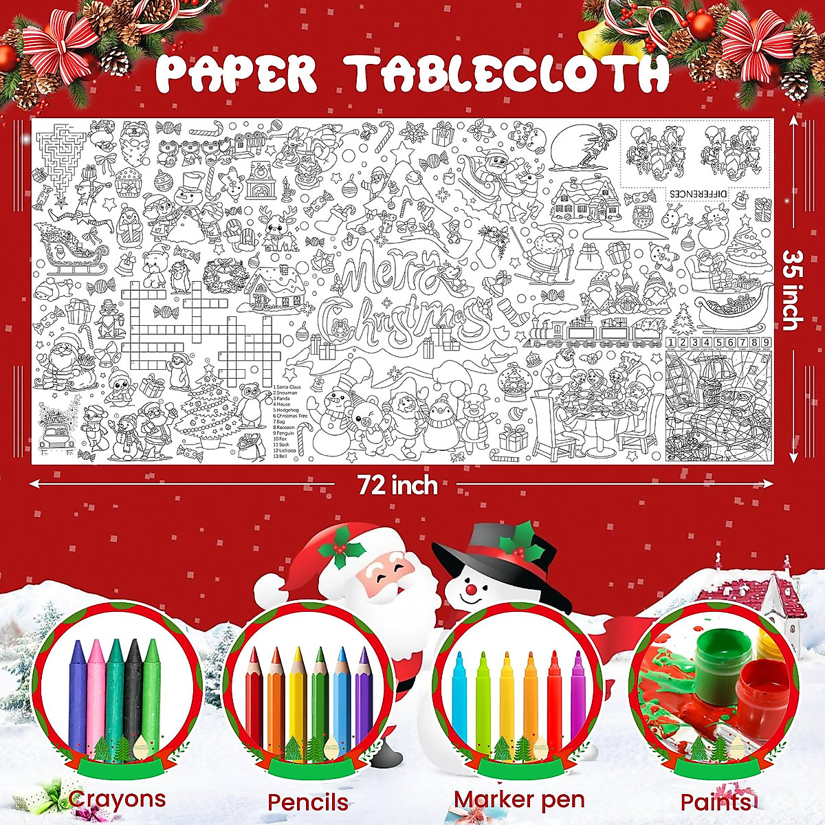 PADTIC Giant Coloring Poster,35x72inch Versatile Merry Christmas Paper Coloring Tablecloth,DIY Christmas Tree,Santa Claus,Gnomes,Elk,Snowman Table Cover Kids Art Crafts Home Classroom Party Supplies