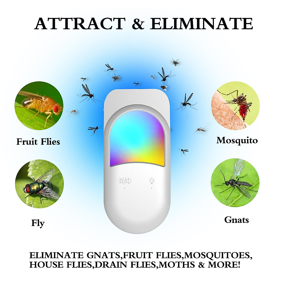 BUGXX Indoor Flying Insect Trap Plug-in Mosquito Killer,Flies, Fruit Flies, Moths, Gnats,Catcher Fly Tapper UV Attractant Bugs Light with Colorful Night Light Mode for Home(White-1PACK)