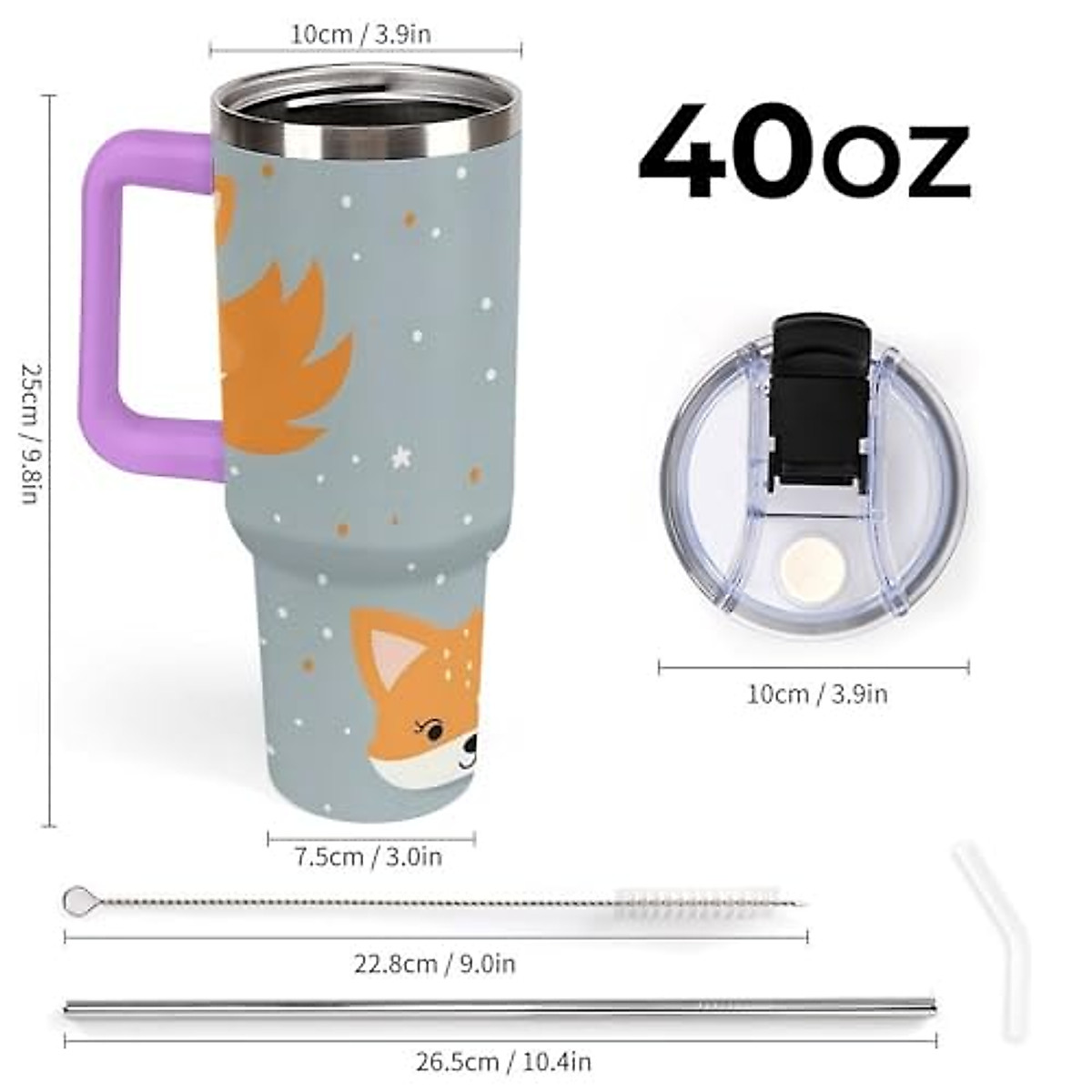 Cute Red Fox 40 Oz Car Cup Stainless Steel Travel Mug Leak-Proof Insulated Tumbler with Handle Violet-style