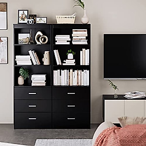 FOTOSOK 71 Inches Tall Storage Cabinet, Bookcase with 3 Drawers and 3-Tier Open Shelves, Wooden Bookshelf Storage Organizer for Living Room, Study, Kitchen, Home Office, Black