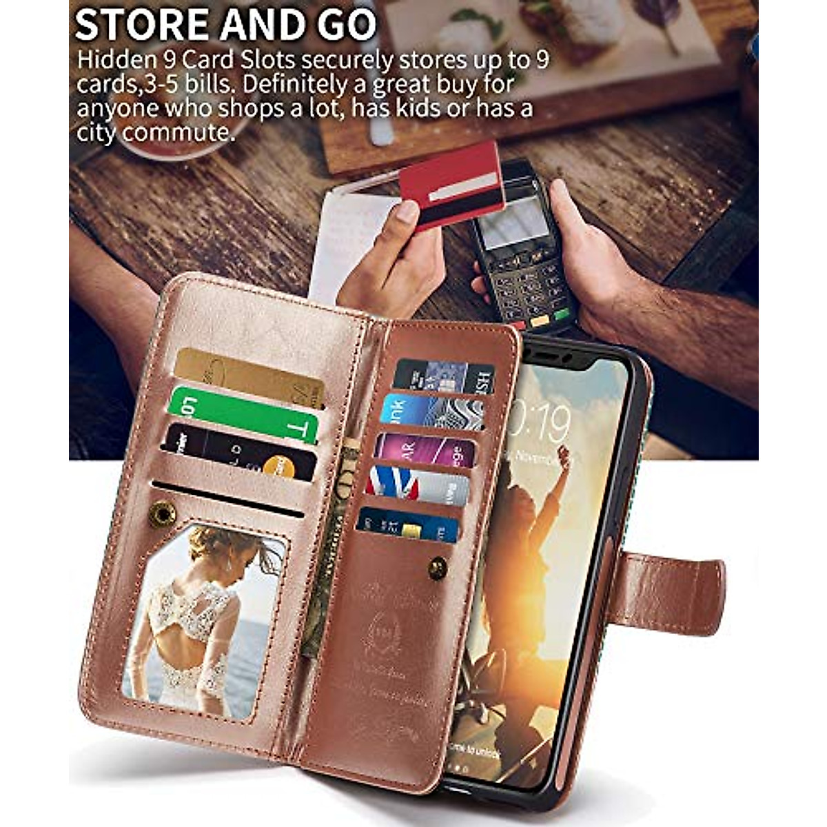 CASEOWL Wallet Case Compatible for iPhone 12/12 Pro, Magnetic Detachable 2 in 1 Folio Leather Wallet Case with 9 Card Slots,Hand Strap,Compatible for iPhone 12/12 Pro 6.1 inch 2020 (White&Rose Gold)