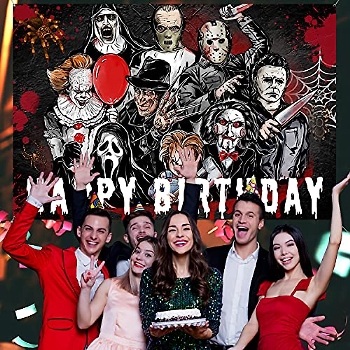 Halloween Birthday Backdrop-Horror Birthday Decorations Horror Classic Movie Character Photograph Background Banner for Scary Birthday Party, 5x3ft