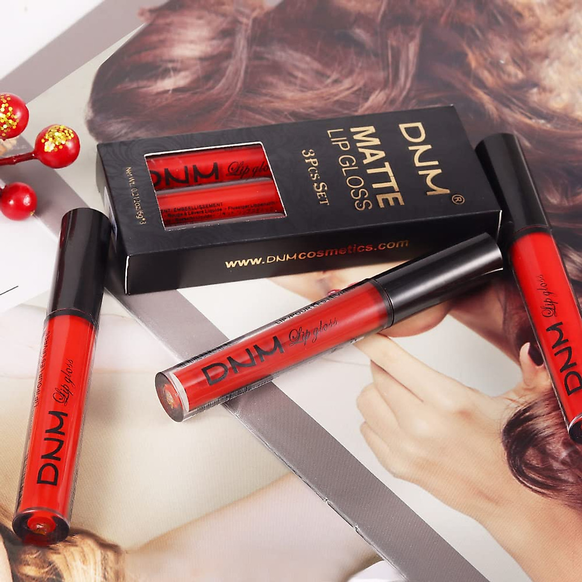 AMY'S DIARY 3Pcs Bright Red Matte Liquid Lipstick Sets, Lip Stain Long Lasting 24 Waterproof Lip Gloss Gift Set Matt Makeup for Women Lippies (05)