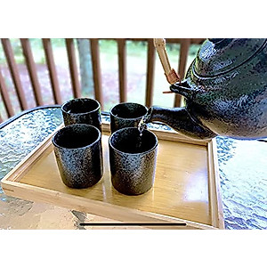 Japanese Asian Tea Set Ceramic Teapot with Strainer, Rattan Handle, 4 Tea Cups, Tea Scoop, Wooden Serving Tray and Instructions - Modern Teapot Set for Home and Office - Gift