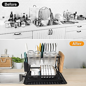 SRIVIJA 2 Tier Detachable Large Sink Dish Drying Rack Over The Kitchen Counter with Drainboard&Silicone Dish Drying Mat,Kitchen Large 2 Tier Stainless Steel Drying Rack with Dishes Drainer(Black)