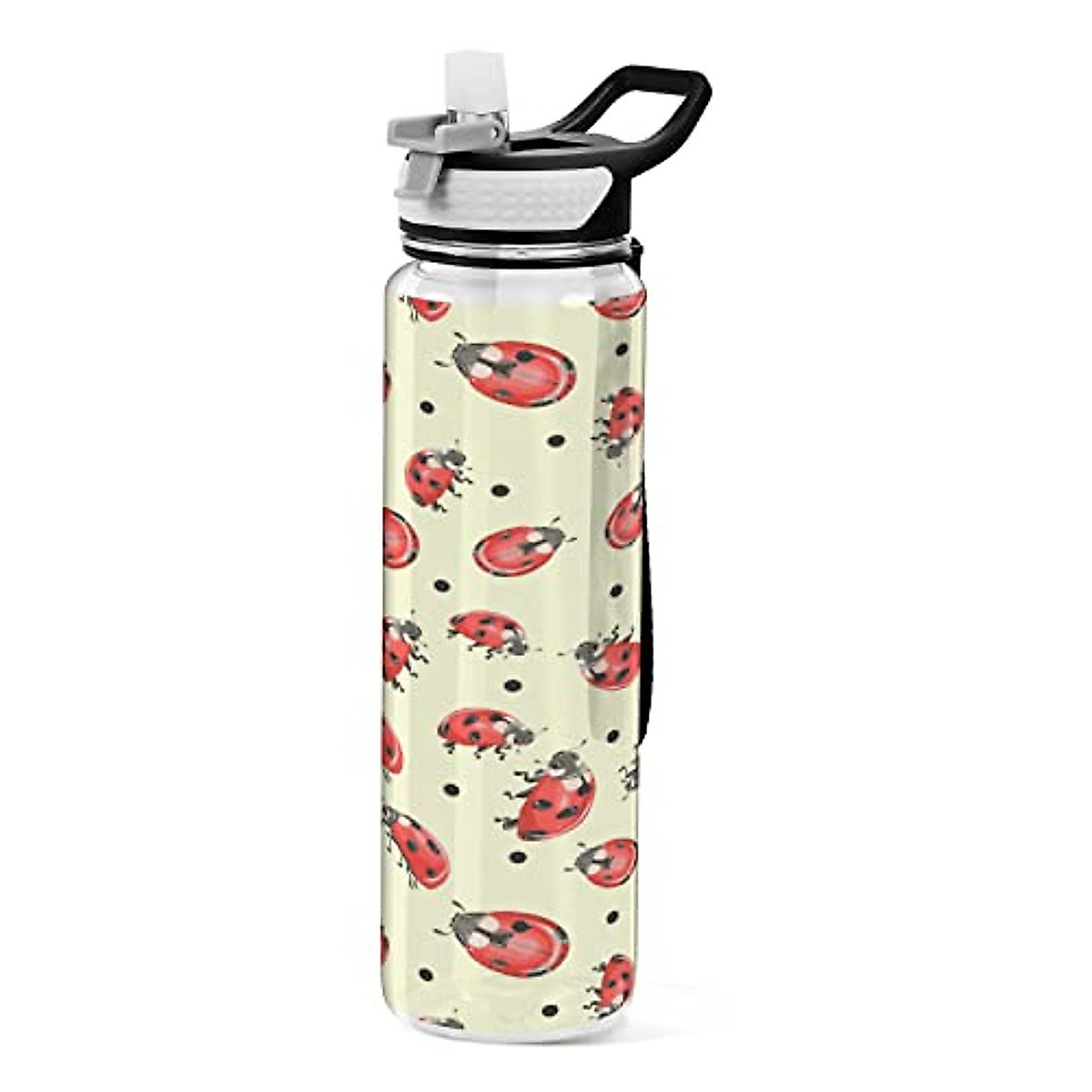 Wusikd Ladybug Water Bottle Tritan BPA-Free Drink and Straw Leakproof Motivational Yellow Drinking Water Bottles with Carrying Strap for Office, Gym, Outdoor Sports