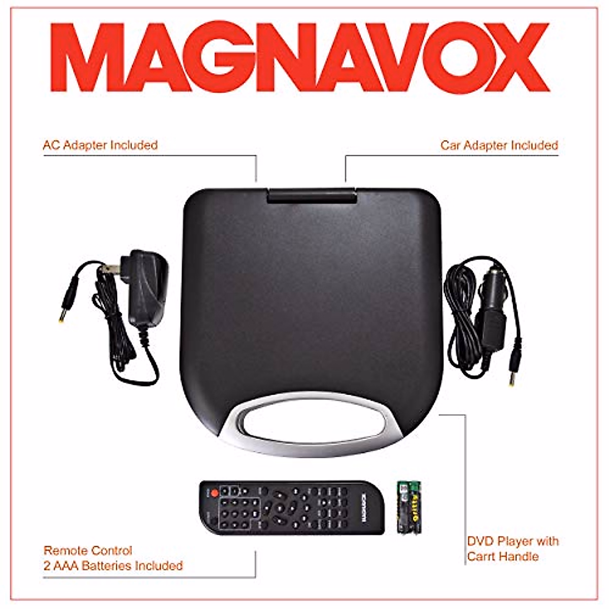 Magnavox MTFT750-BK Portable 7 inch TFT DVD/CD Player with Remote Control and Car Adapter in Black | Rechargeable Battery | Headphone Jack | Built-In Speakers |