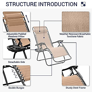 BELLEZE Zero Gravity Chairs Set of 2, Outdoor Adjustable Folding Lawn Chairs Recliner Chairs with Cup Holder Pillow, Lounge Chairs for Patio Camping Garden Beach Pool Side Deck, Beige