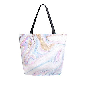 ALAZA Pink Purple & Gold Marble Large Canvas Tote Bag Shopping Shoulder Handbag with Small Zippered Pocket