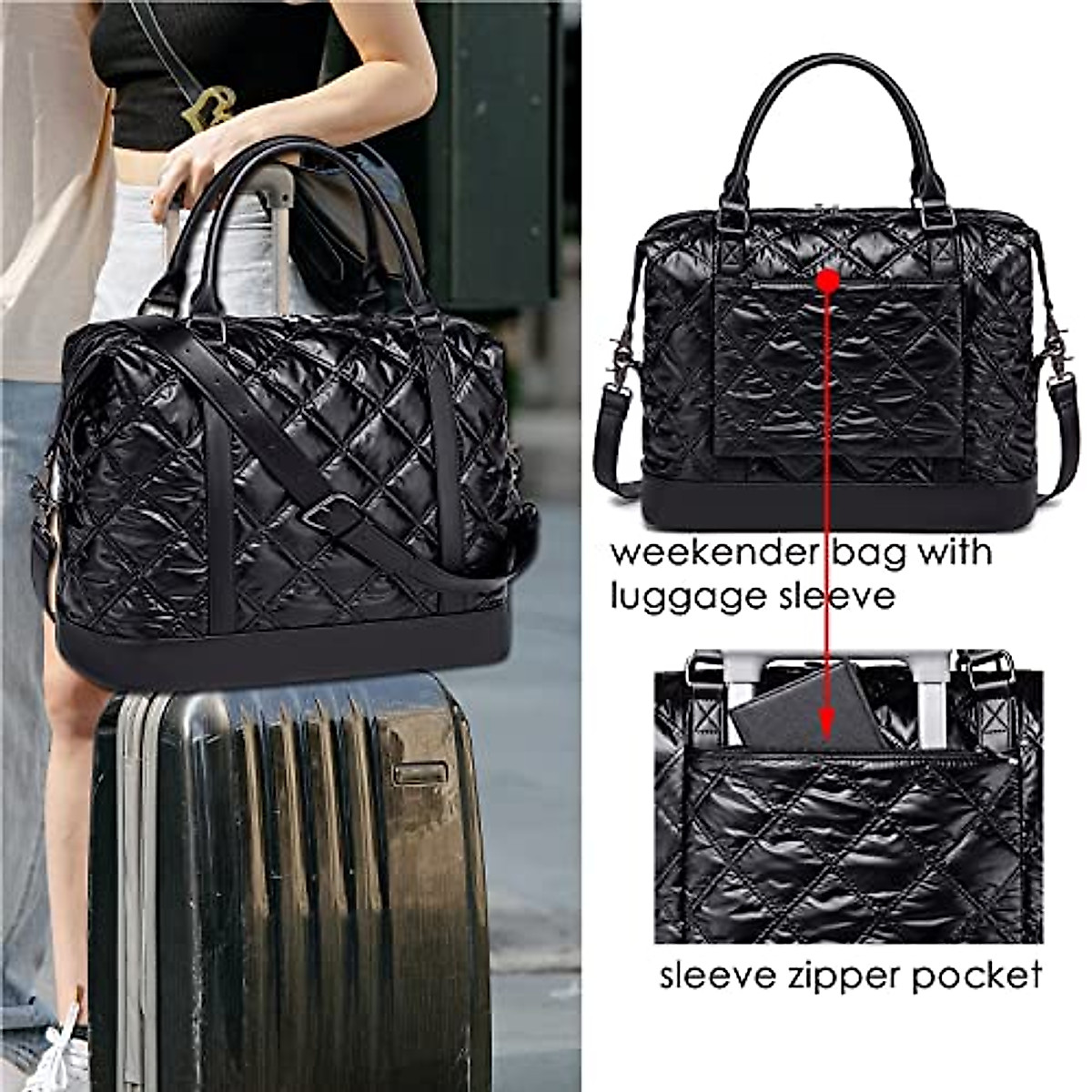 LEDAOU Weekender Travel Overnight Bag Women Ladies Quilted Carry On Tote Duffle Bag with Luggage Sleeve (Quilted Black)