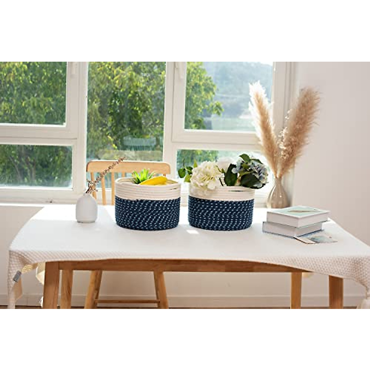 LixinJu Small Baskets for Organizing Small Woven Basket Set of 2 Blue Small Rope Basket Set with Handle for Toy Cotton Round Storage Kids Baby Dog Cat Gifts, 9.5"x9.5"x7"
