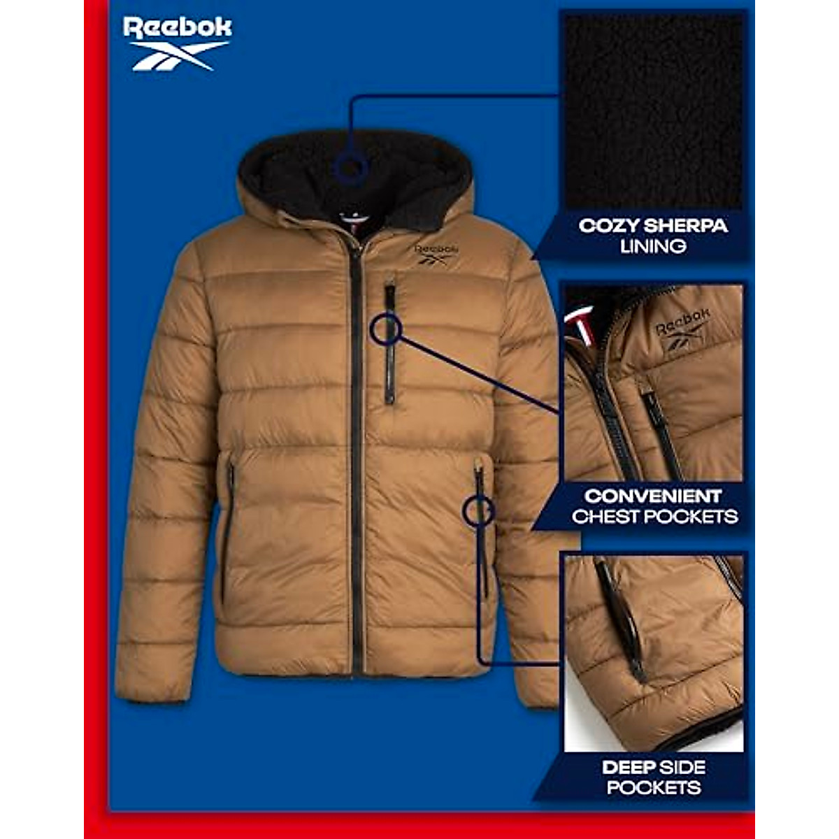 Reebok Men's Winter Jacket - Heavyweight Quilted Puffer Parka Coat - Ski Jacket for Men, Sherpa Lined Hood (S-XL), Size Medium, Taupe
